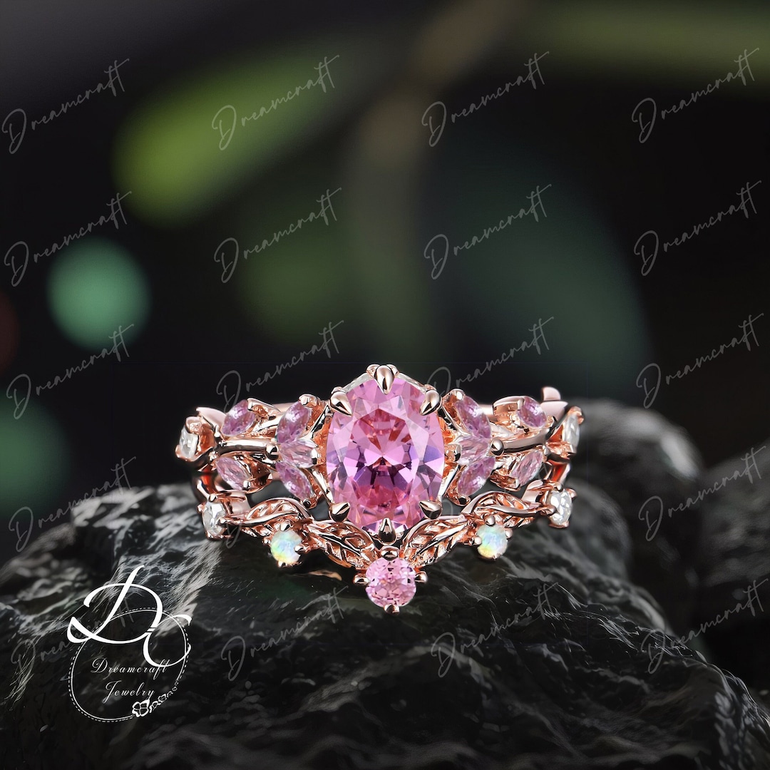 Vintage Oval Cut Pink Sapphire Engagement Ring Sets Nature Inspired ...