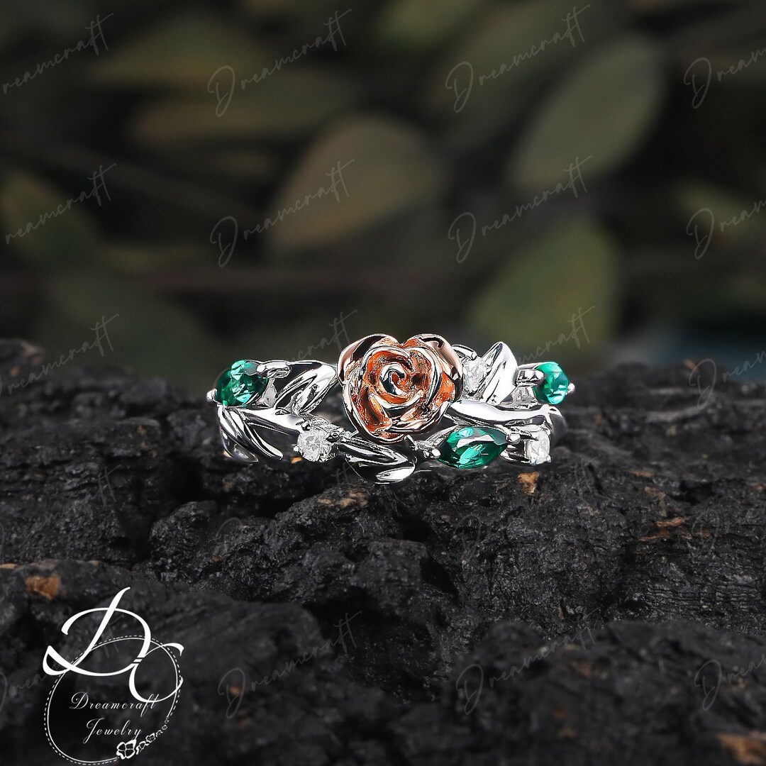 Rose Flower Ring Emerald Engagement Ring Solid 14K Two Tone Gold RING ...