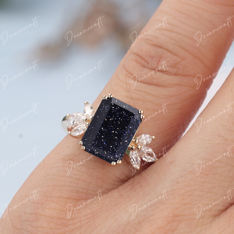 Blue Sandstone Engagement Ring 4ct Emerald Cut Vintage Rose - Etsy