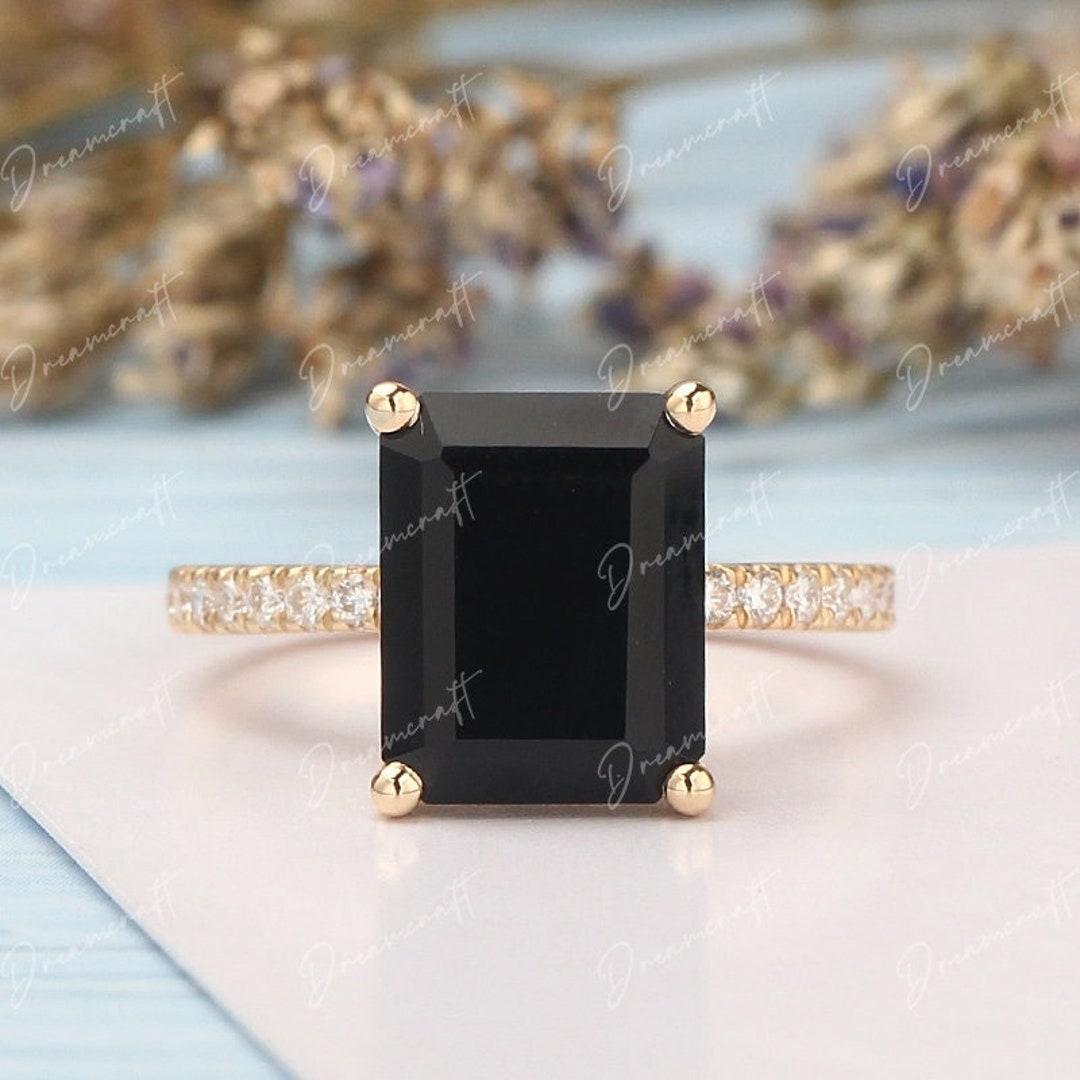 Emerald Cut Black Onyx Engagement Ring Unique Moissanite Cluster Rose ...