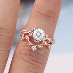 Moissanite Engagement Ring sets solid Gold Vintage Unique Leaf | Etsy