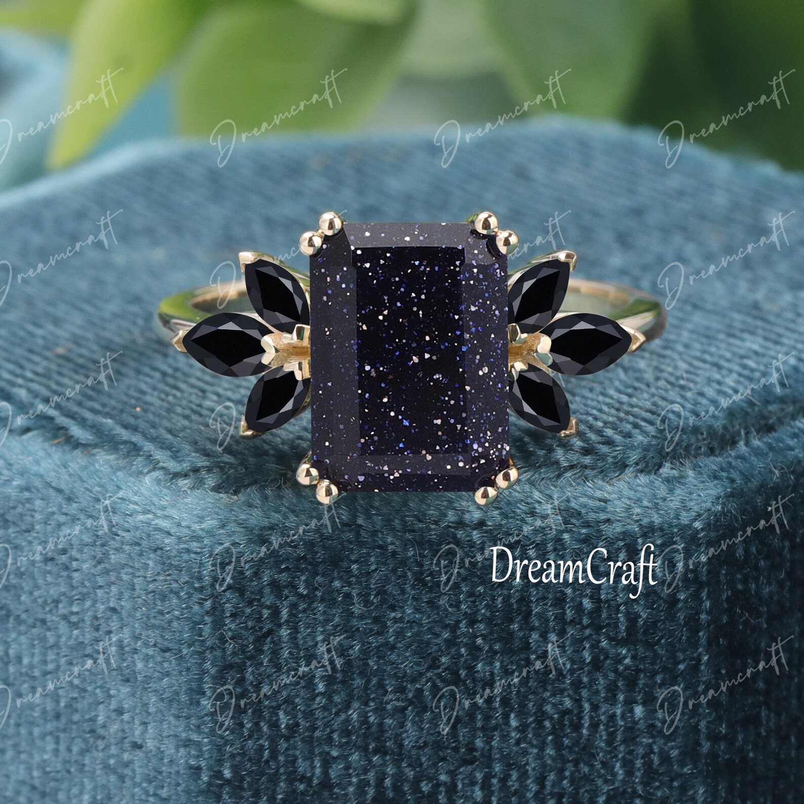 4ct Emerald Cut Blue Sandstone Engagement Ring Vintage Rose Gold ...