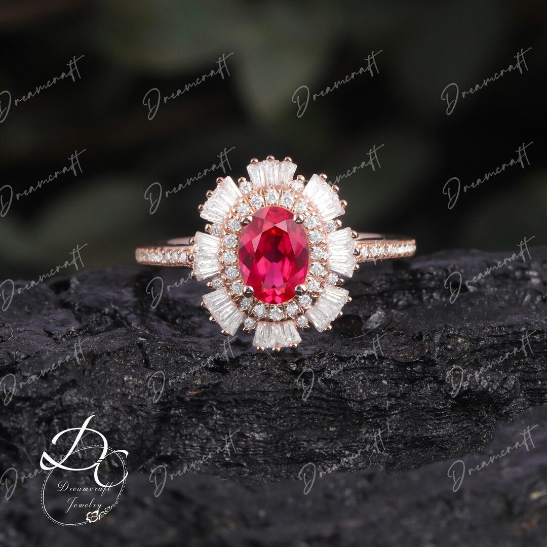 Vintage Ruby Engagement Ring Rose Gold Diamond Engagement Ring Art Deco ...
