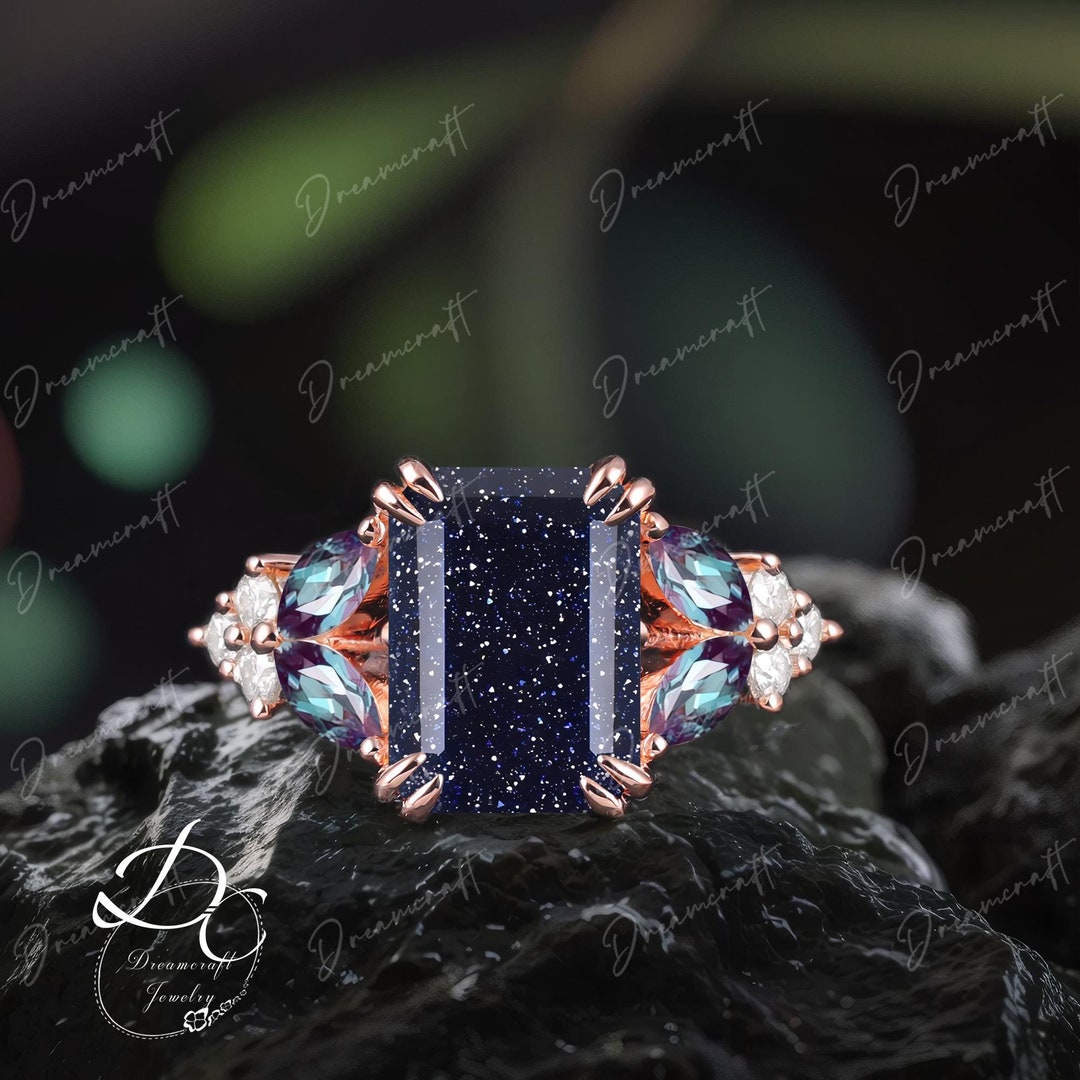 Blue Sandstone Engagement Ring 4ct Emerald Cut Rose Gold Engagement ...