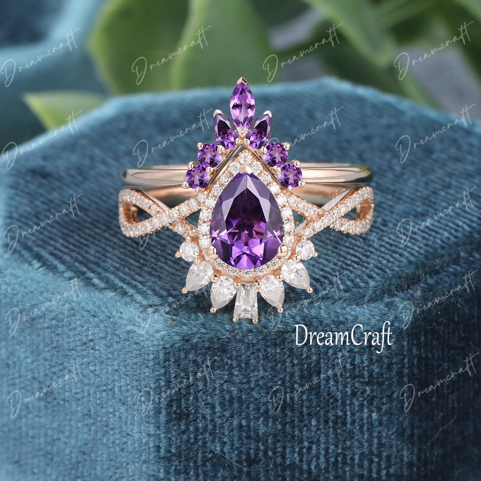 Amethyst Engagement Ring Sets Solid Gold 14K Pear Shape Unique - Etsy