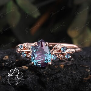 Art Deco Leaf Rose Gold Pear Alexandrite Engagement Ring Sets Nature ...