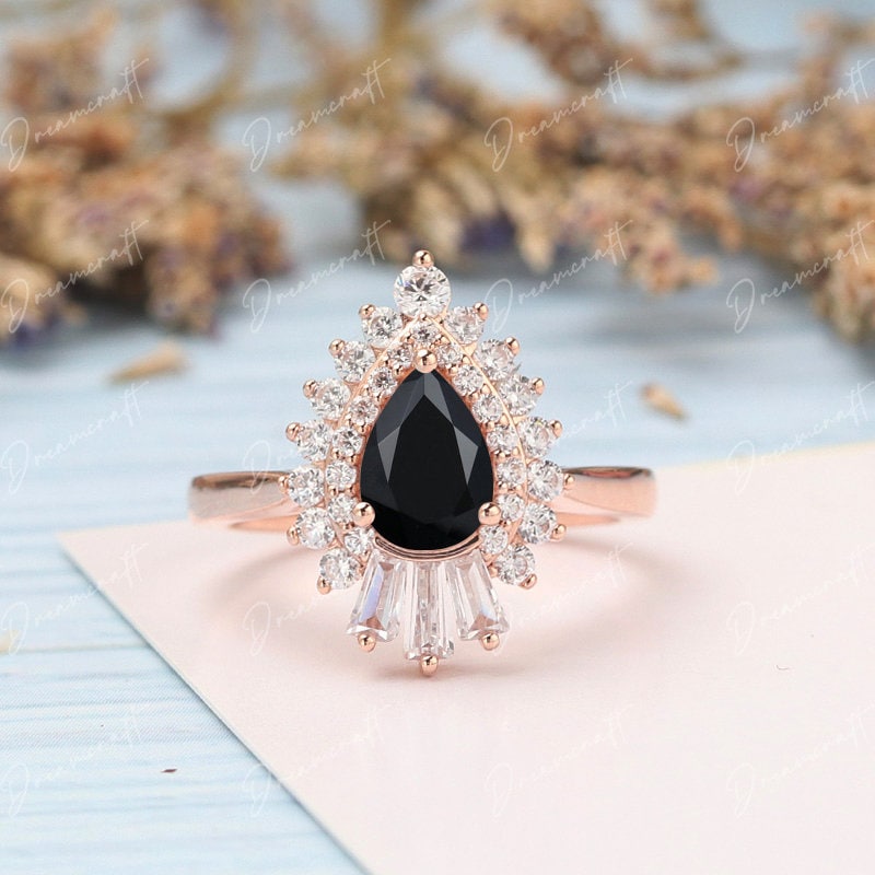 Black Onyx Engagement Ring Pear Vintage Solid Gold Wedding | Etsy