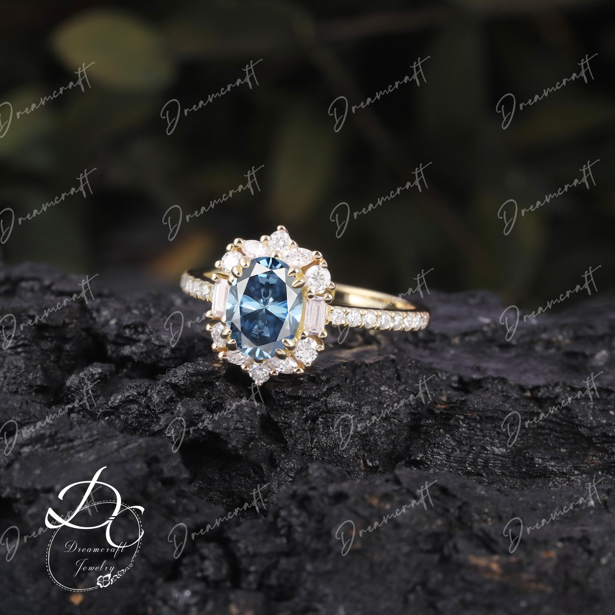 Vintage Blue Grey Moissanite Engagement Ring Oval Cut 1.5ct Moissanite ...