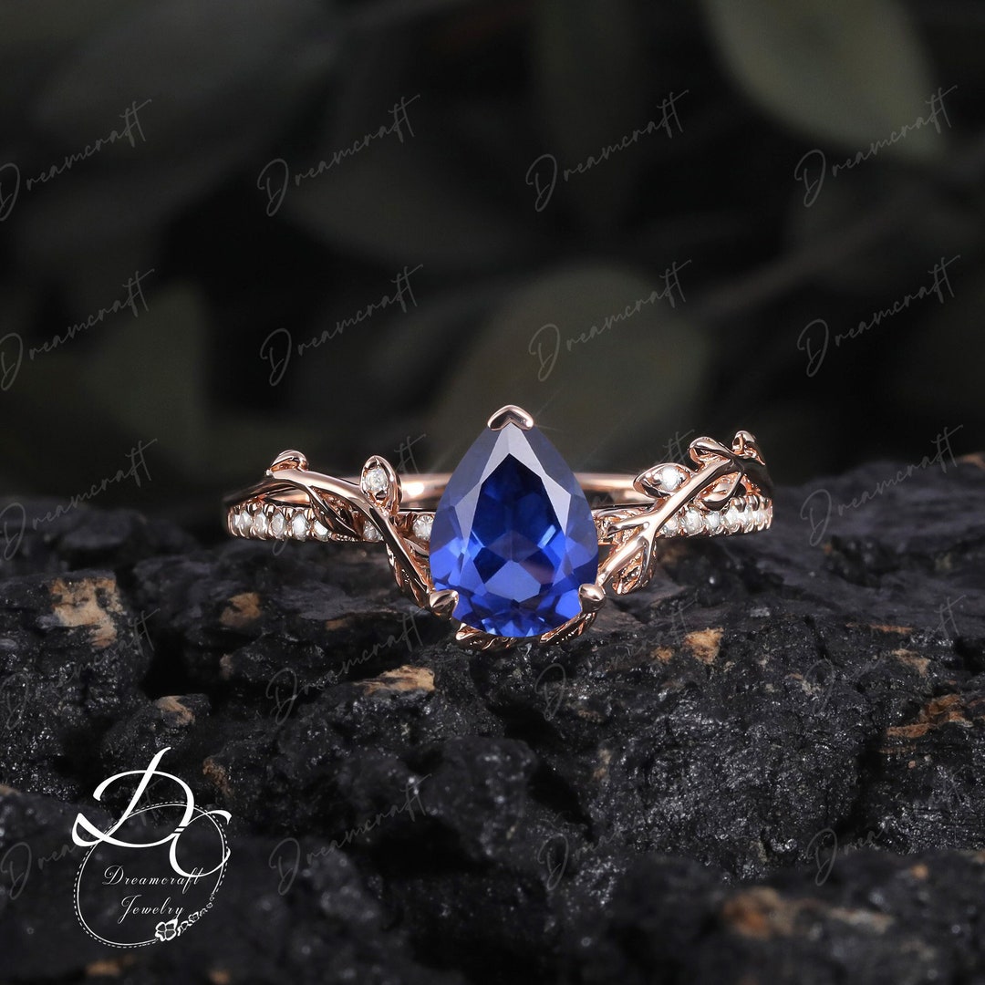 Vintage Pear Shaped Blue Sapphire Engagement Ring Nature Inspired ...