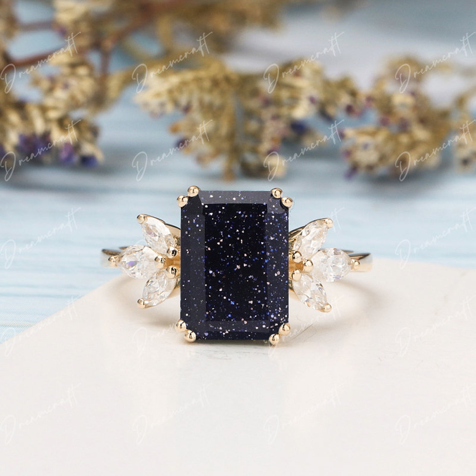 Blue Sandstone Engagement Ring 4ct Emerald Cut Vintage Rose - Etsy