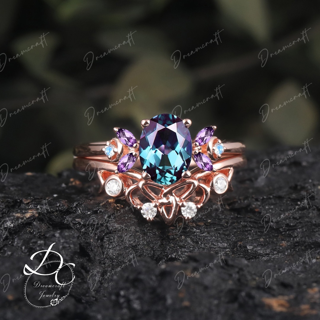 Vintage Oval Alexandrite Engagement Ring Sets Rose Gold Promise Ring ...