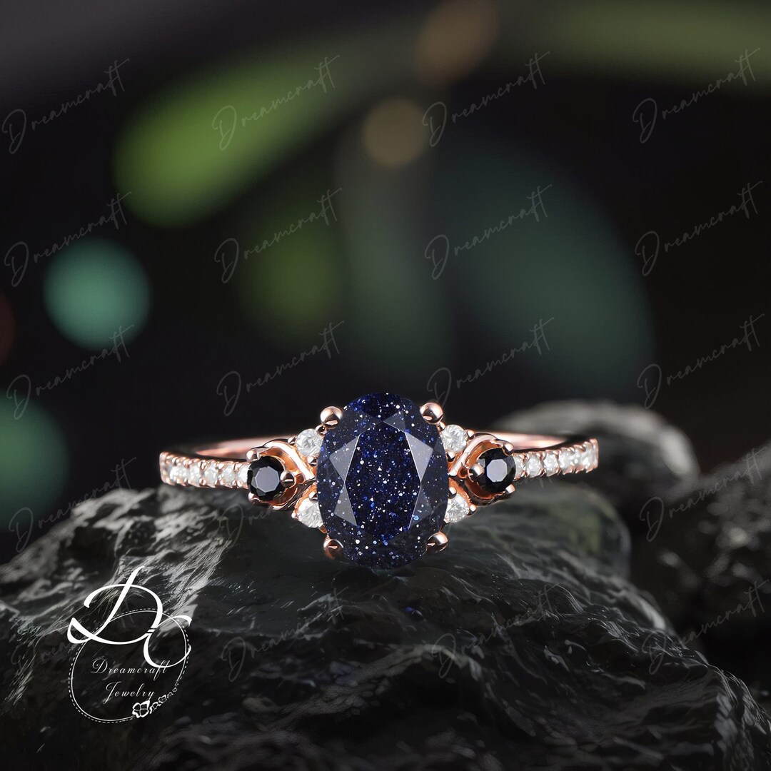 Oval Blue Sandstone Engagement Ring Cluster Promise Ring Art Deco Ring ...