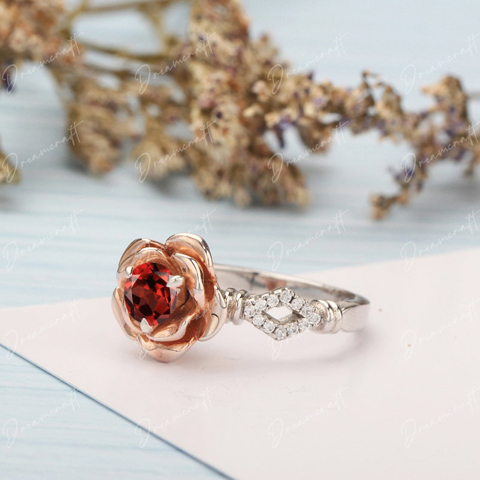 Fairy Tales Engagement Ring Natural Garnet Rose Flower 925 | Etsy