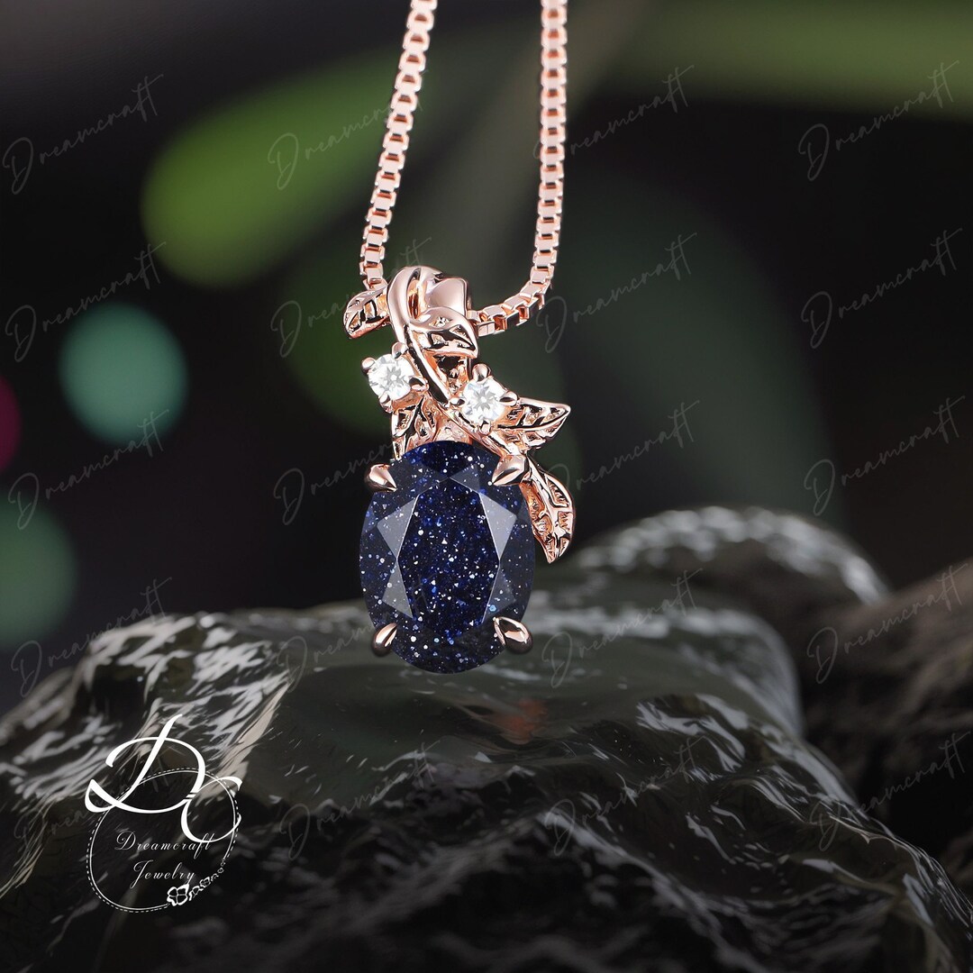 Oval Blue Sandstone Necklace Rose Gold Unique Jewelry Pendant Women ...