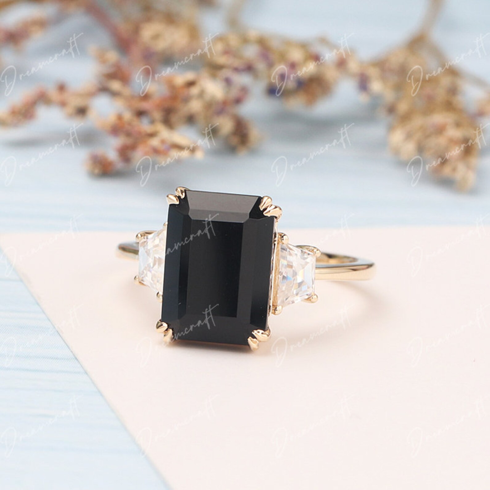 Black Onyx Engagement Ring 4CT Emerald Cut Vintage 14k Yellow | Etsy