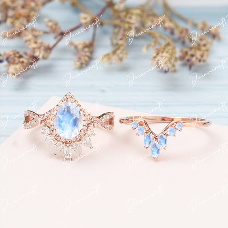 Pear Shape Moonstone Engagement Ring Sets Unique Engagement - Etsy