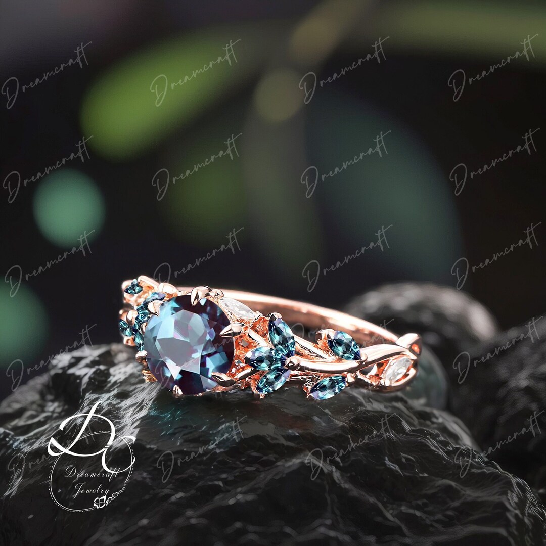 Vintage Alexandrite Engagement Ring Unique Cluster Promise Ring for Her ...