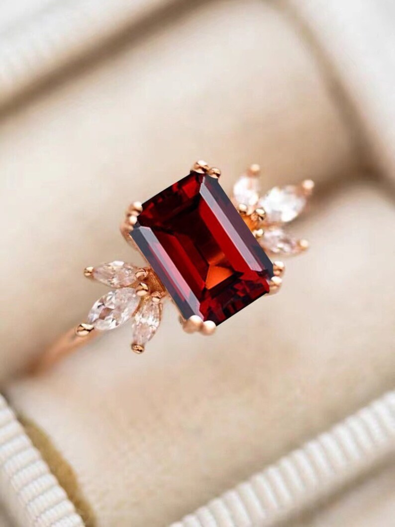 Garnet Engagement Ring 4ct Emerald Cut Vintage Rose Gold Engagement ...