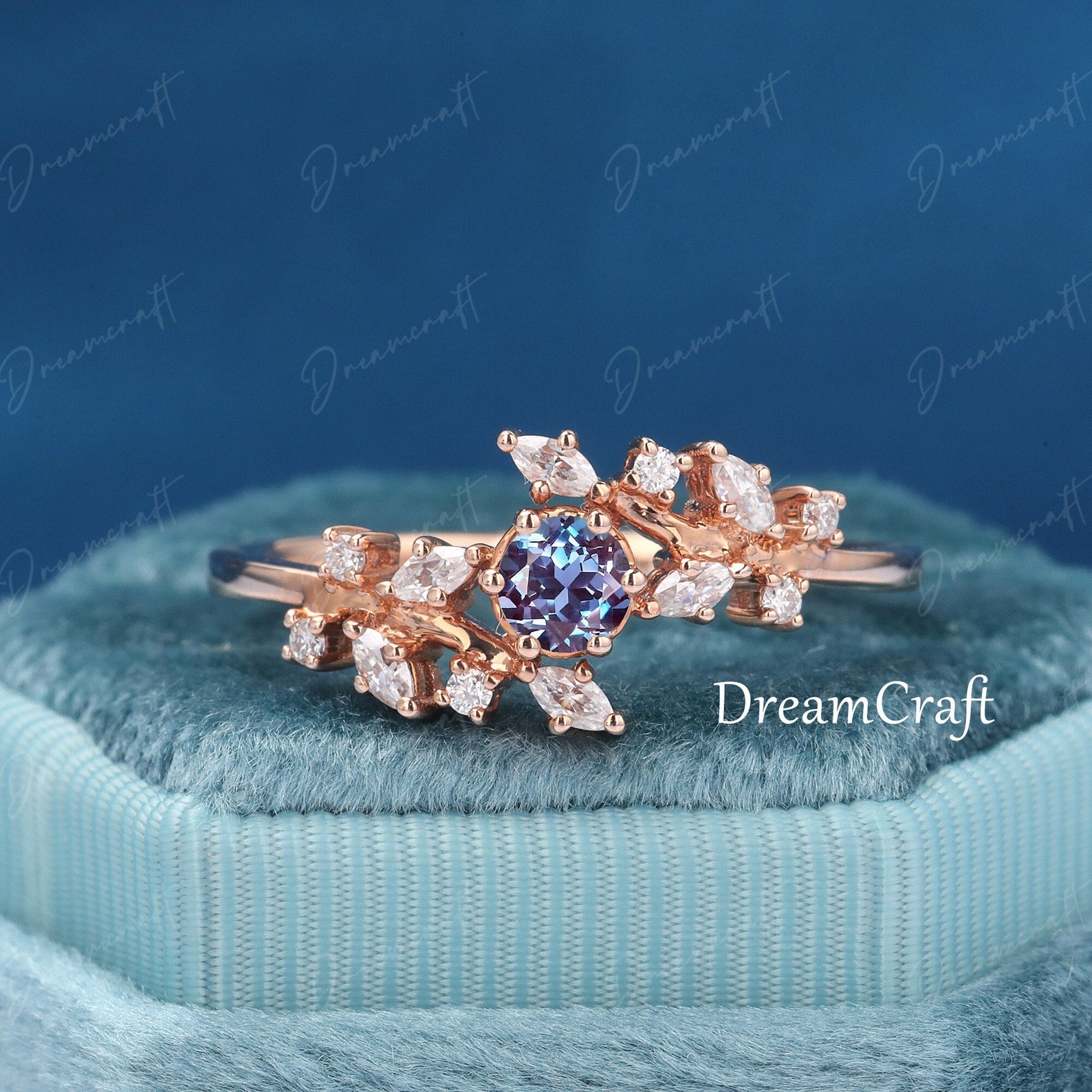 Alexandrite Cluster Ring 14K Rose Gold Unique Engagement Ring Diamond ...