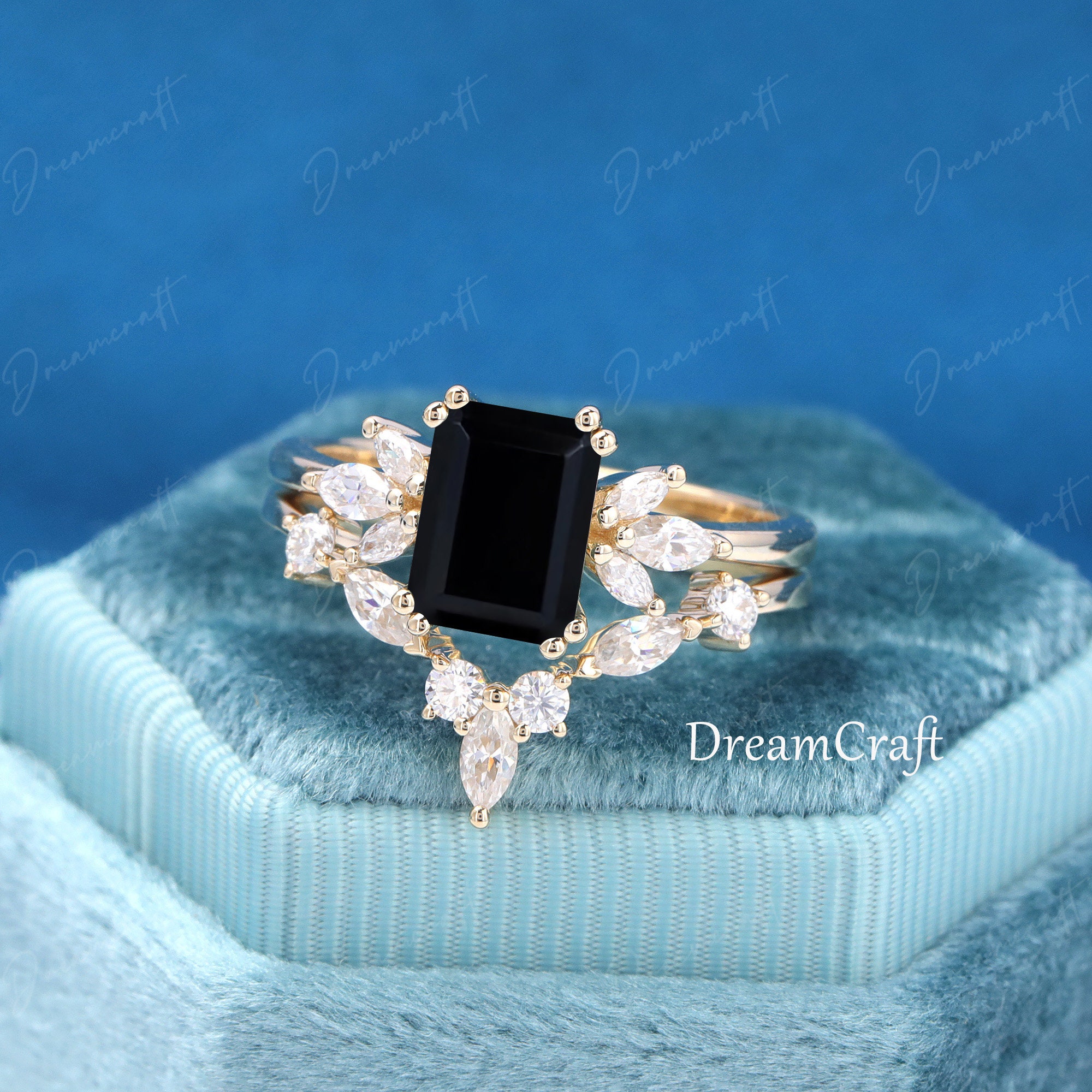 Black Onyx Engagement Ring Set Emerald Cut Engagement Ring - Etsy