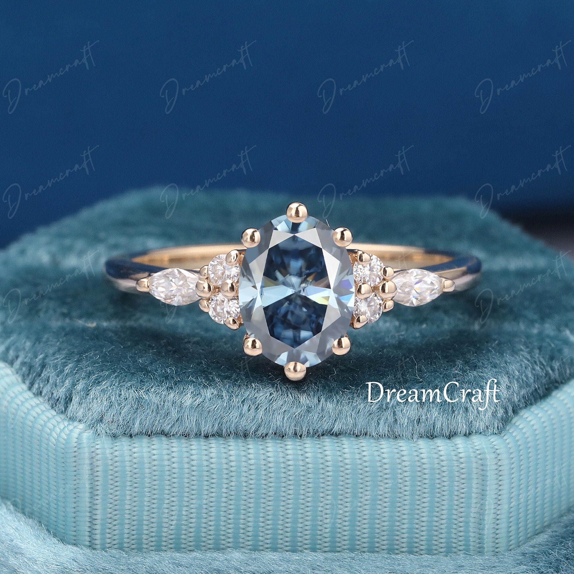 Blue Grey Moissanite Engagement Ring Oval Cluster Ring Vintage Solid ...