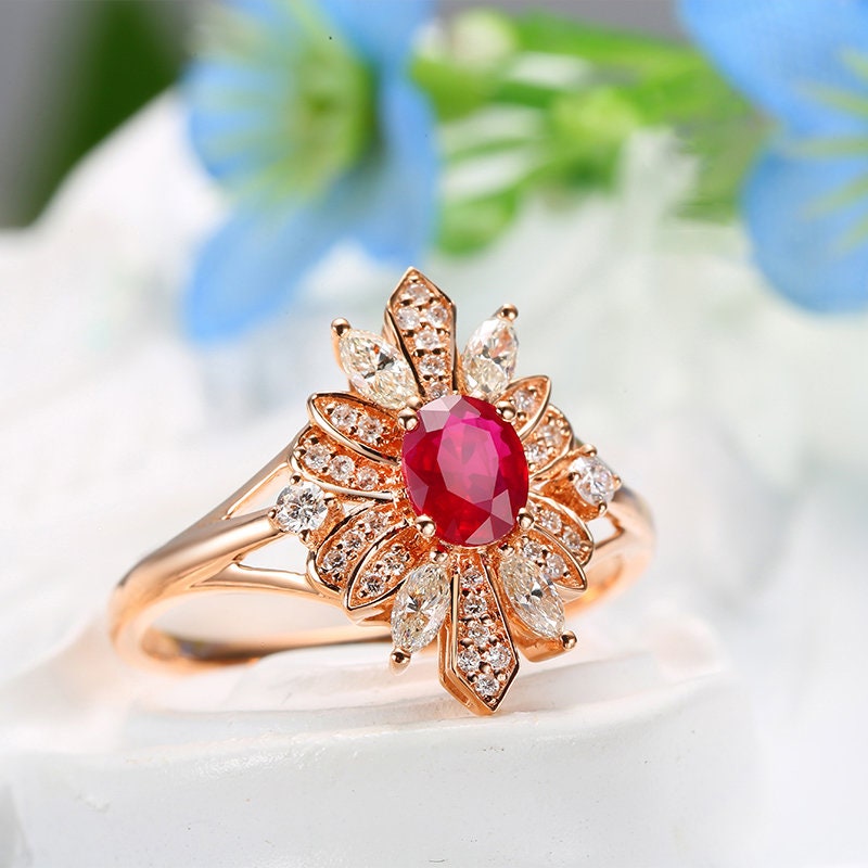 Ruby Engagement Ring Vintage Oval Cut Engagement Ring 14K Rose | Etsy