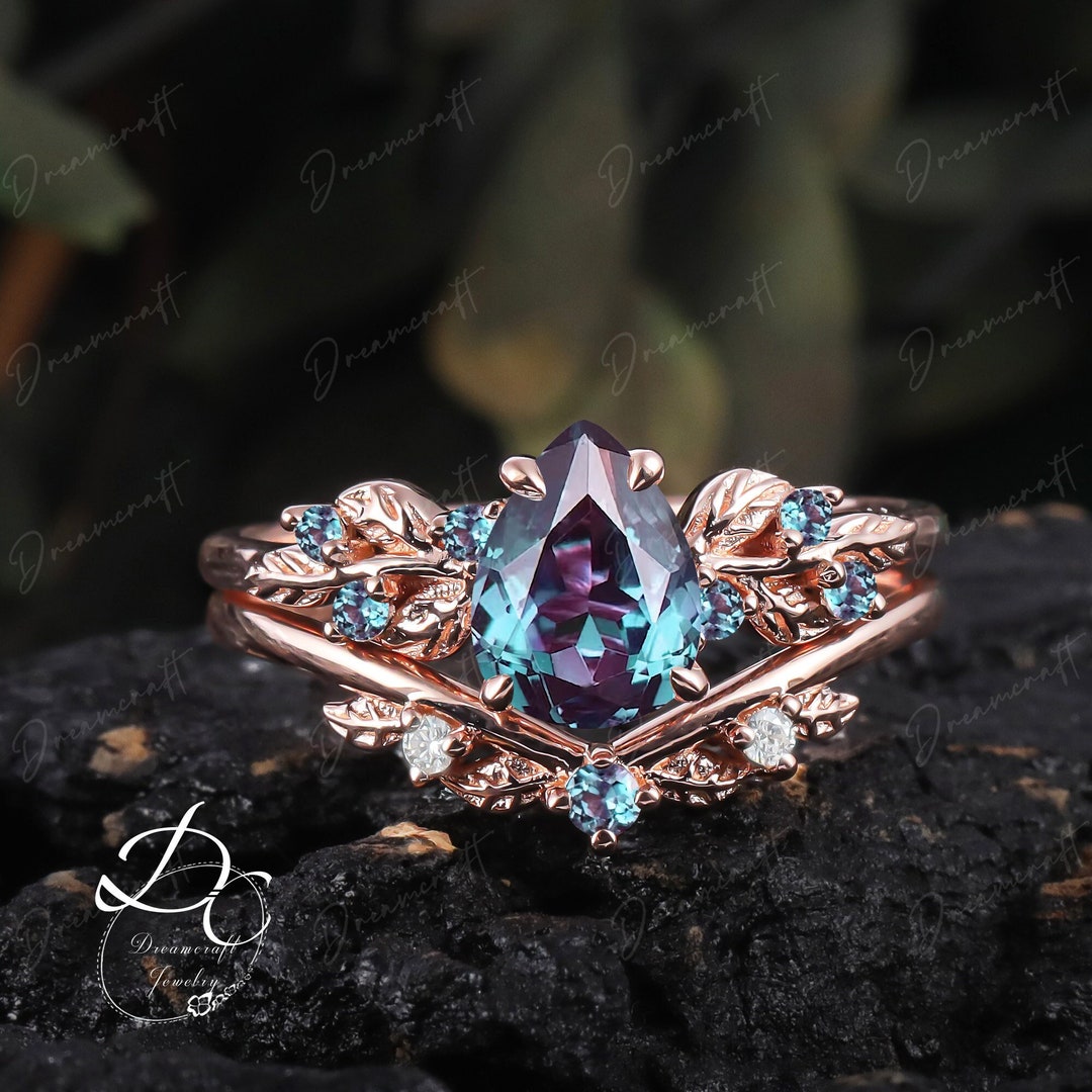 Art Deco Leaf Rose Gold Pear Alexandrite Engagement Ring Sets Nature ...