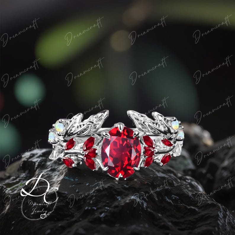 Vintage Oval Ruby Engagement Ring Set Nature Inspired Cluster July ...