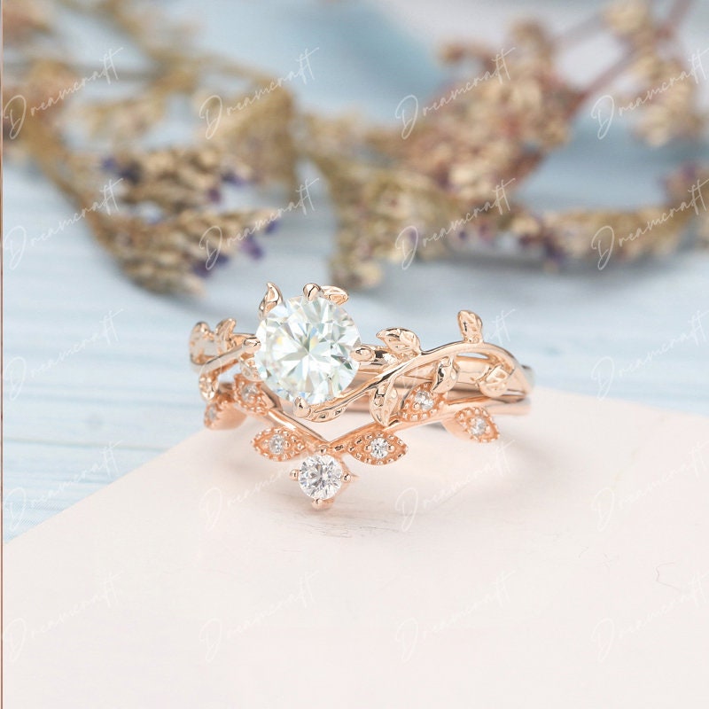 Moissanite Engagement Ring sets solid Gold Vintage Unique Leaf | Etsy