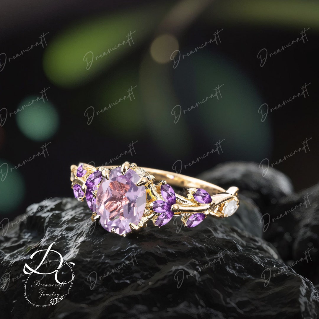 Vintage Oval Lavender Amethyst Engagement Ring Unique Cluster Promise ...