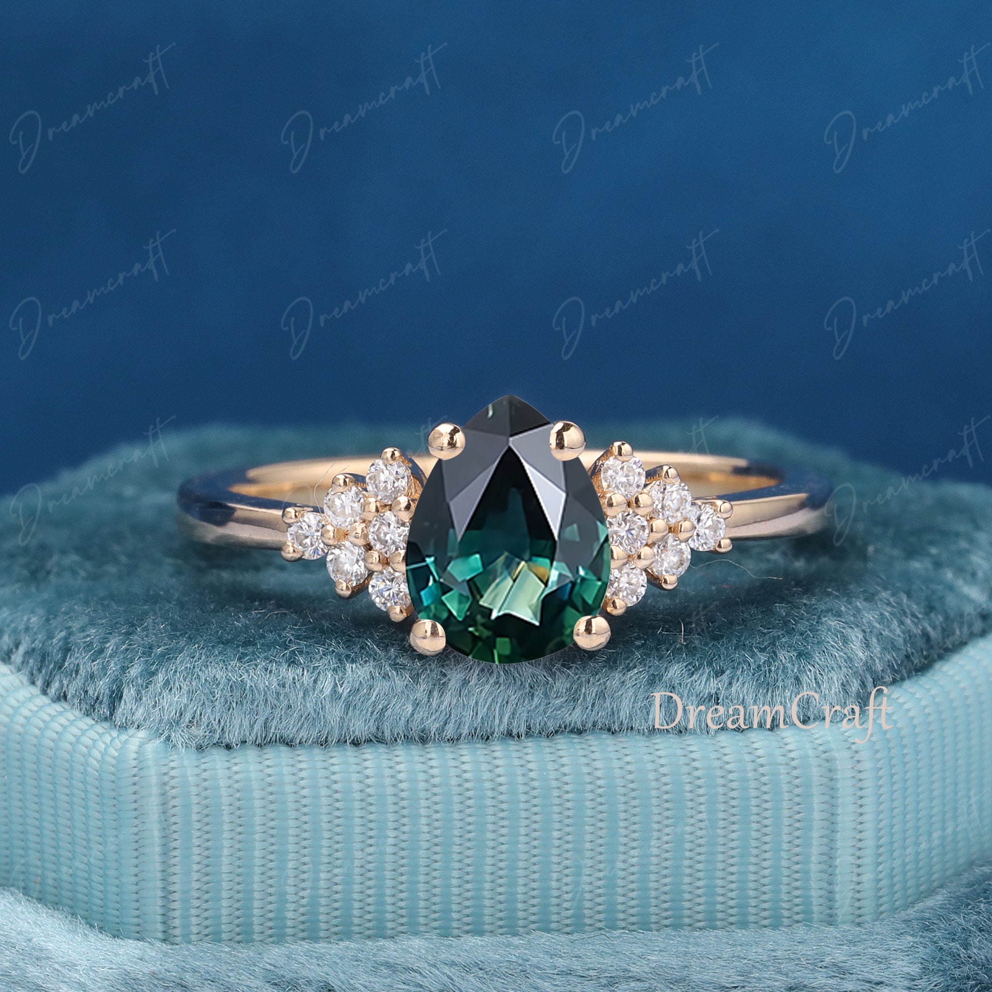 Blue Green Sapphire Engagement Ring Rose Gold Ring Unique Pear | Etsy