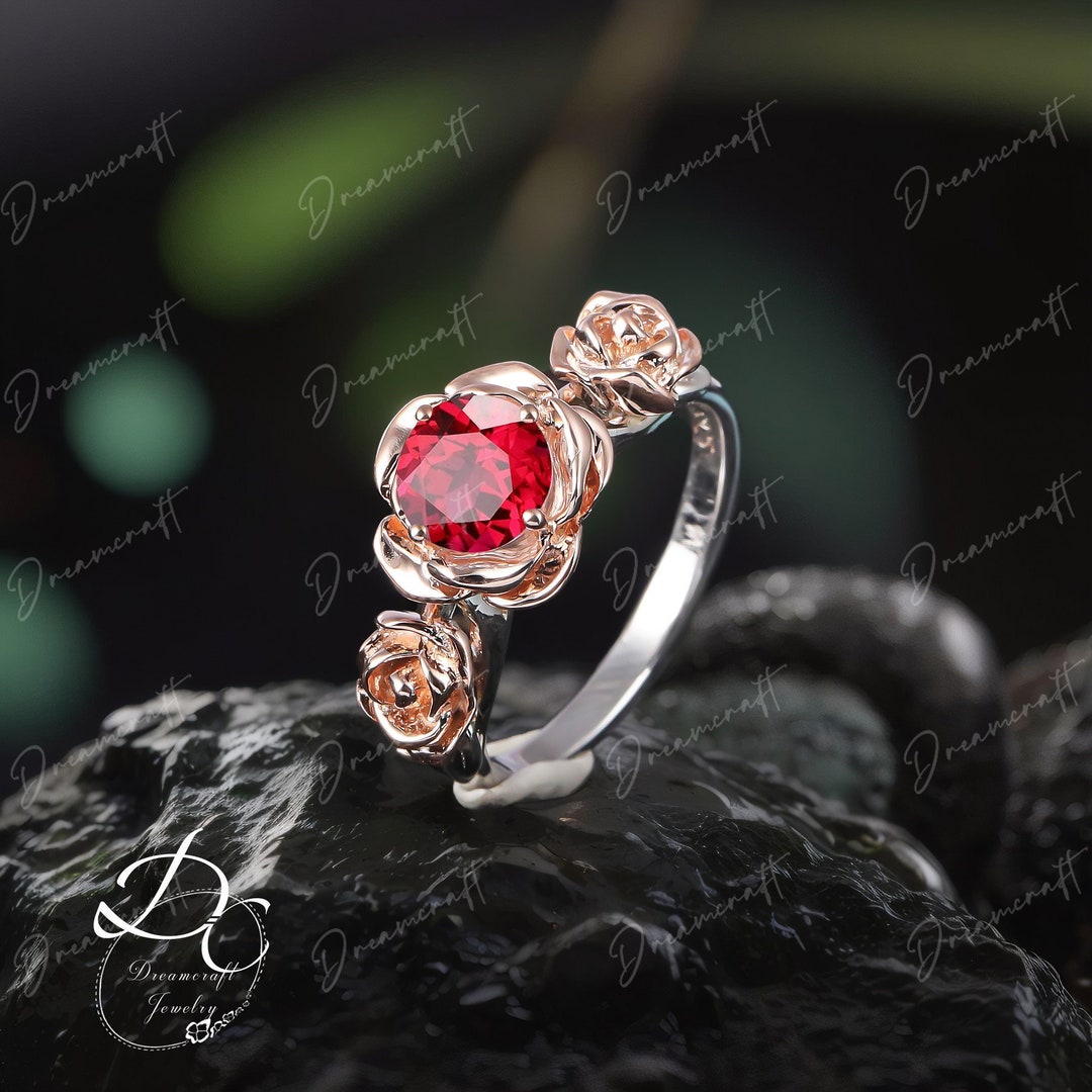 Floral Ruby Engagement Ring Rose Gold Unique Red Gemstone Promise Ring ...