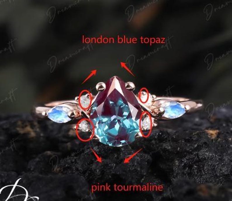 18K White Gold Ring,alexandrite Center ,side Stone Pink Tourmaline ...