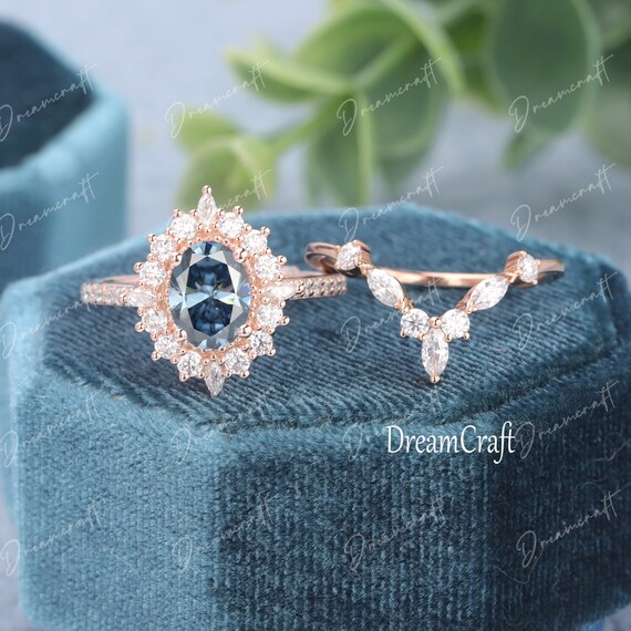 Blue Grey Moissanite Engagement Ring Sets Oval Vintage Halo - Etsy