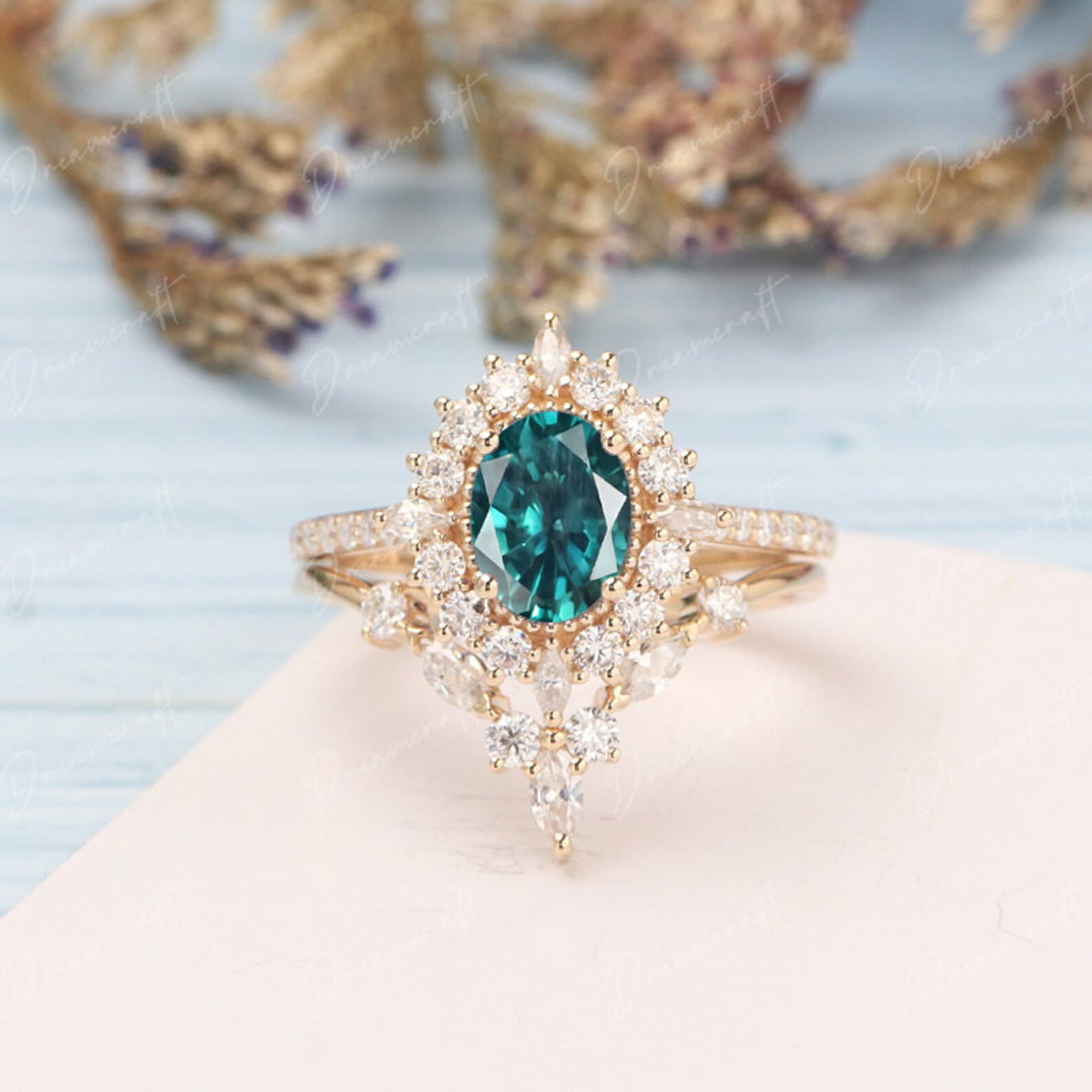 Teal Sapphire Engagement Ring sets solid Gold Vintage Oval | Etsy
