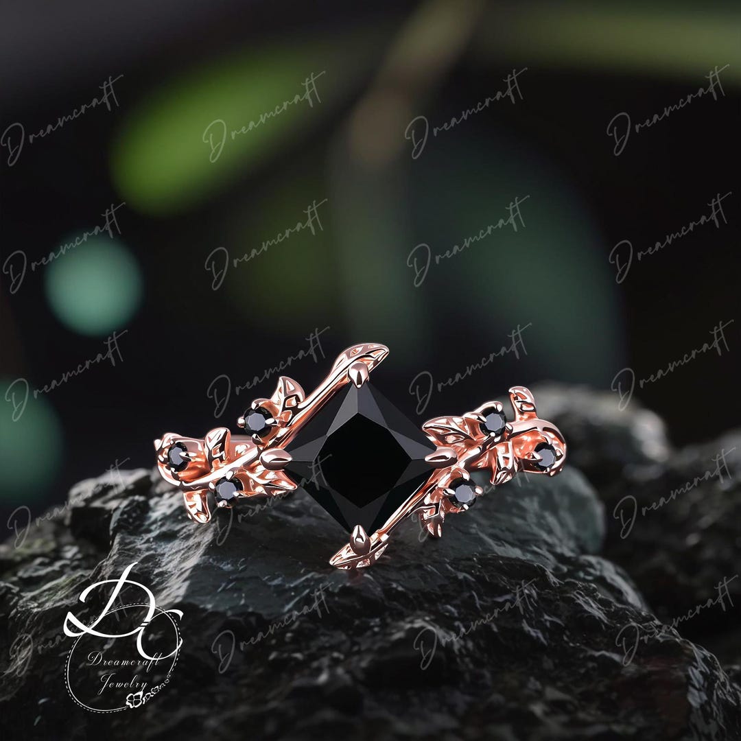 Princess Cut Black Onyx Engagement Ring Art Deco Leaf Rose Gold Twig ...