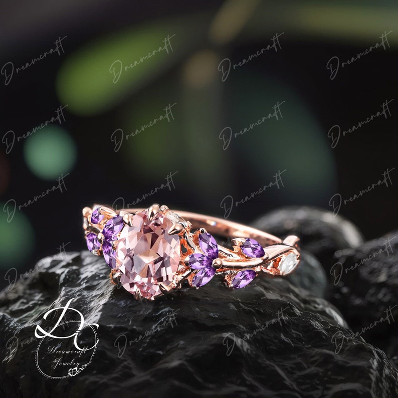 Vintage Oval Morganite Engagement Ring Unique Cluster Promise Ring for ...