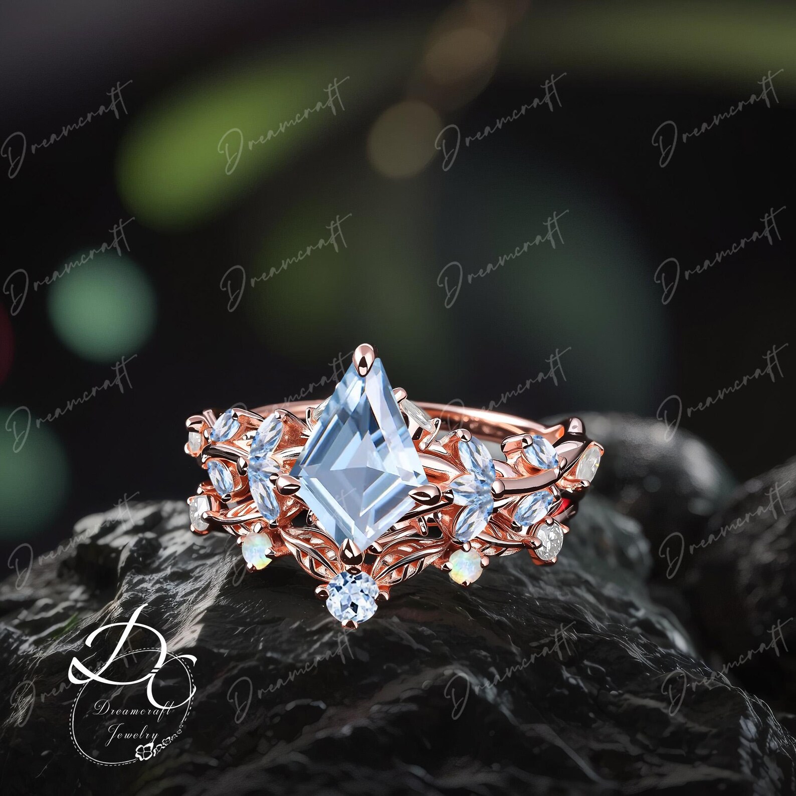 Vintage Kite Cut Aquamarine Engagement Ring Sets Nature Inspired ...