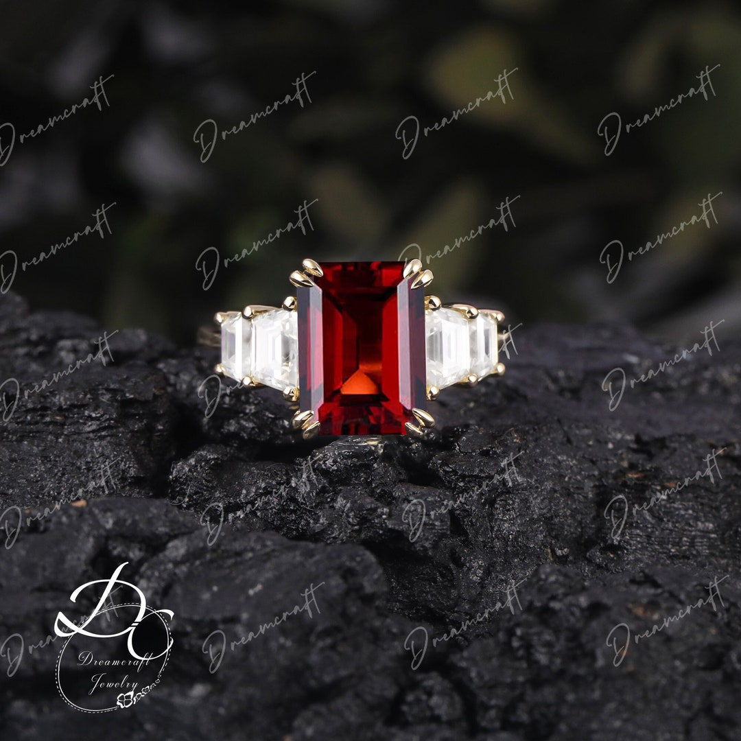 Emerald Cut Garnet Engagement Ring 4ct Solid 14K Gold Promise Ring ...