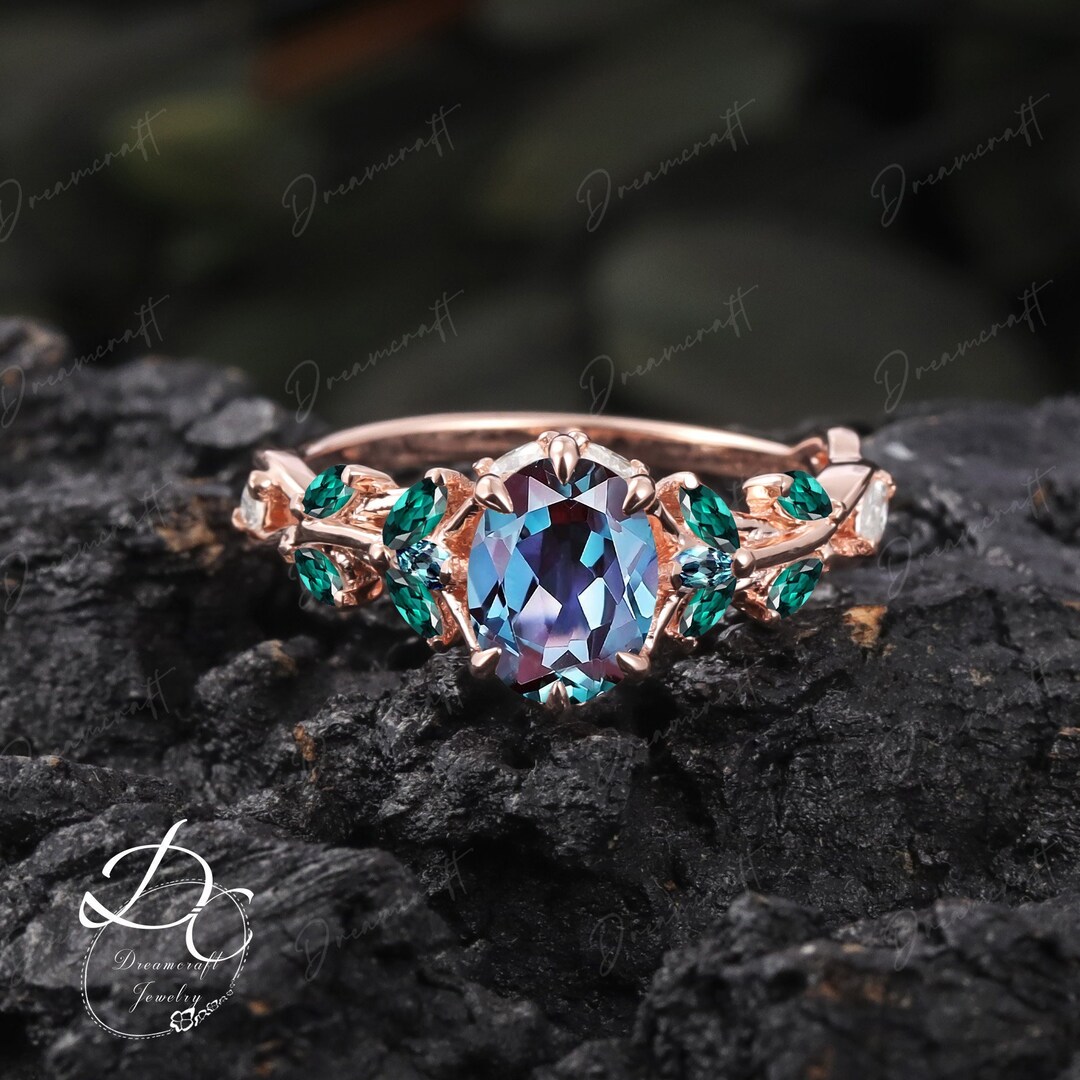 Vintage Alexandrite Engagement Ring Unique Rose Gold Branch Promise ...