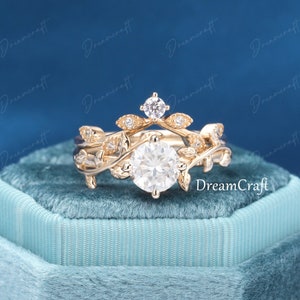 Moissanite Engagement Ring Sets Solid Gold Vintage Unique Leaf - Etsy