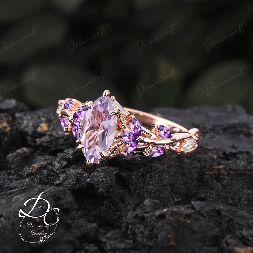 Vintage Marquise Cut Lavender Amethyst Engagement Ring Unique Cluster Promise Ring Gold Art Deco ...