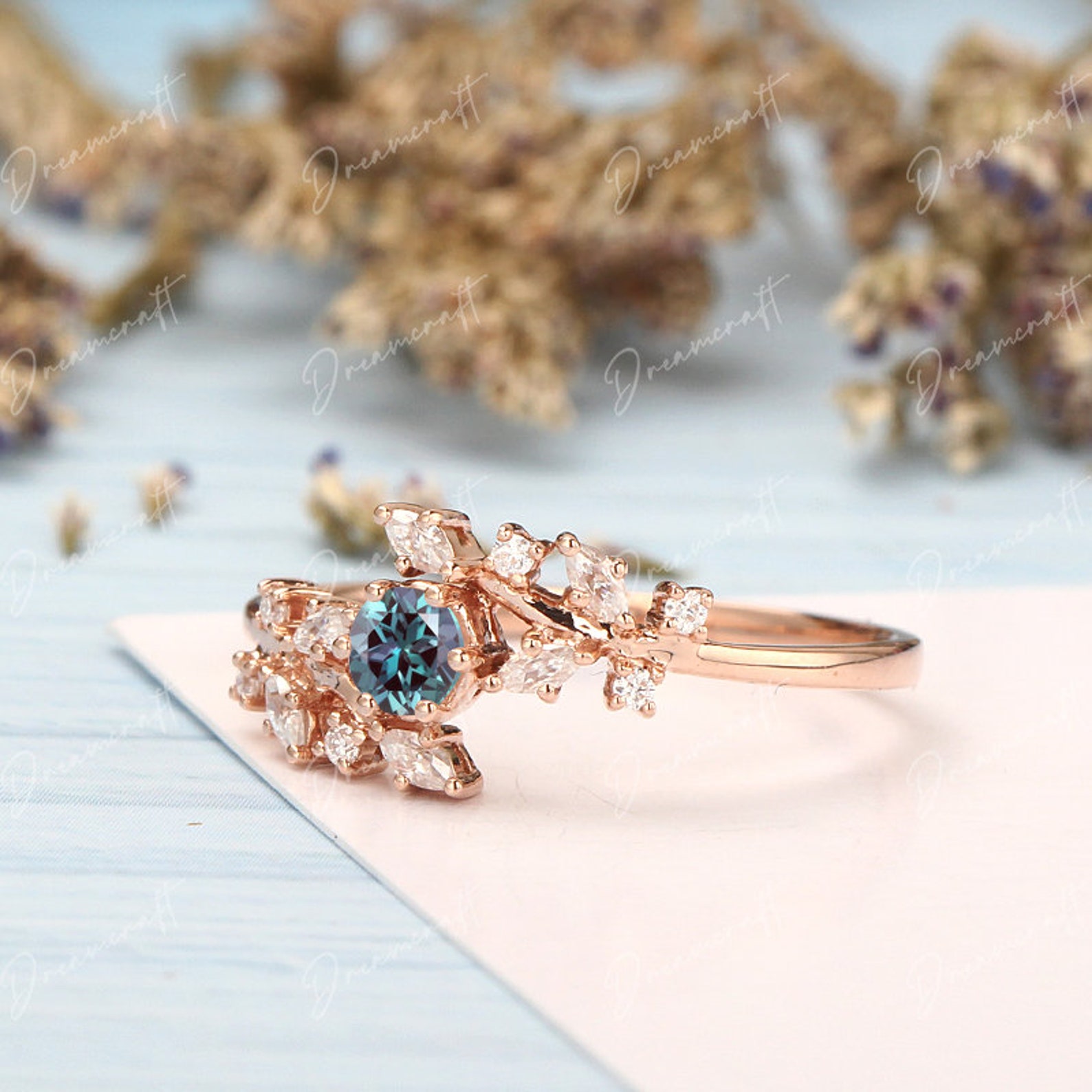 Alexandrite Cluster Ring 14K Rose Gold Unique Engagement Ring | Etsy