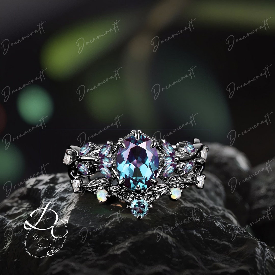 Gothic Black Gold Oval Cut Alexandrite Engagement Ring Sets Nature ...