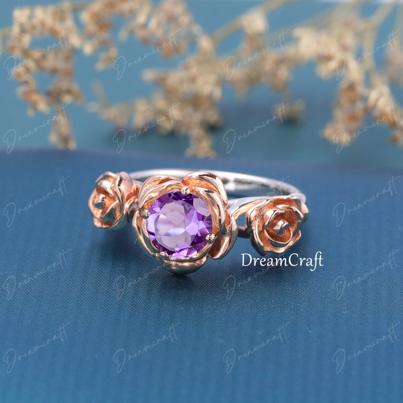 Rapunzel Fairy Tales Anniversary Ring Natural Amethyst Rose Flower 925 ...