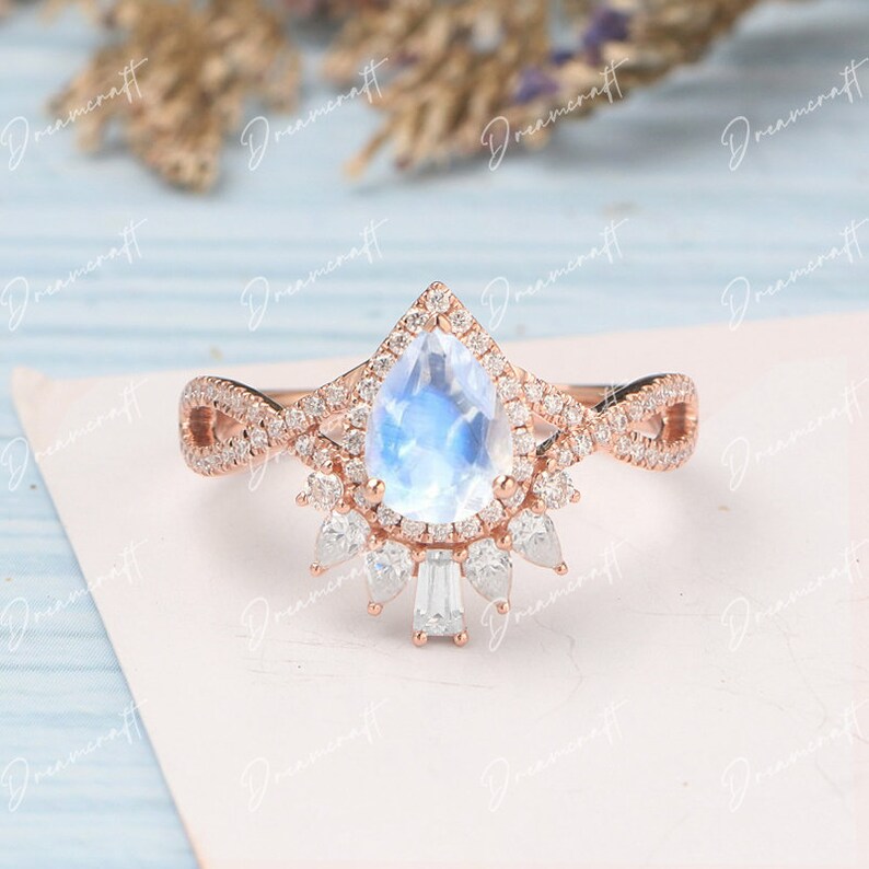 Pear Shape Moonstone Engagement Ring Sets Unique Engagement - Etsy