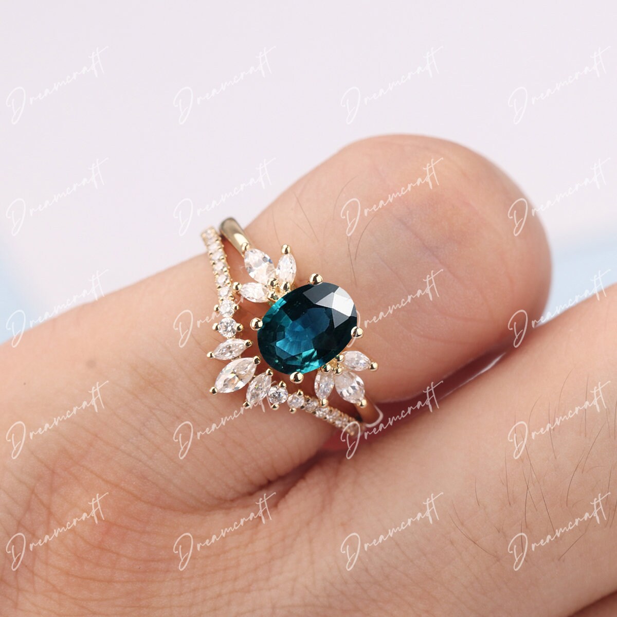 Teal Sapphire Engagement Ring Sets Unique Oval Blue Green Sapphire Ring ...