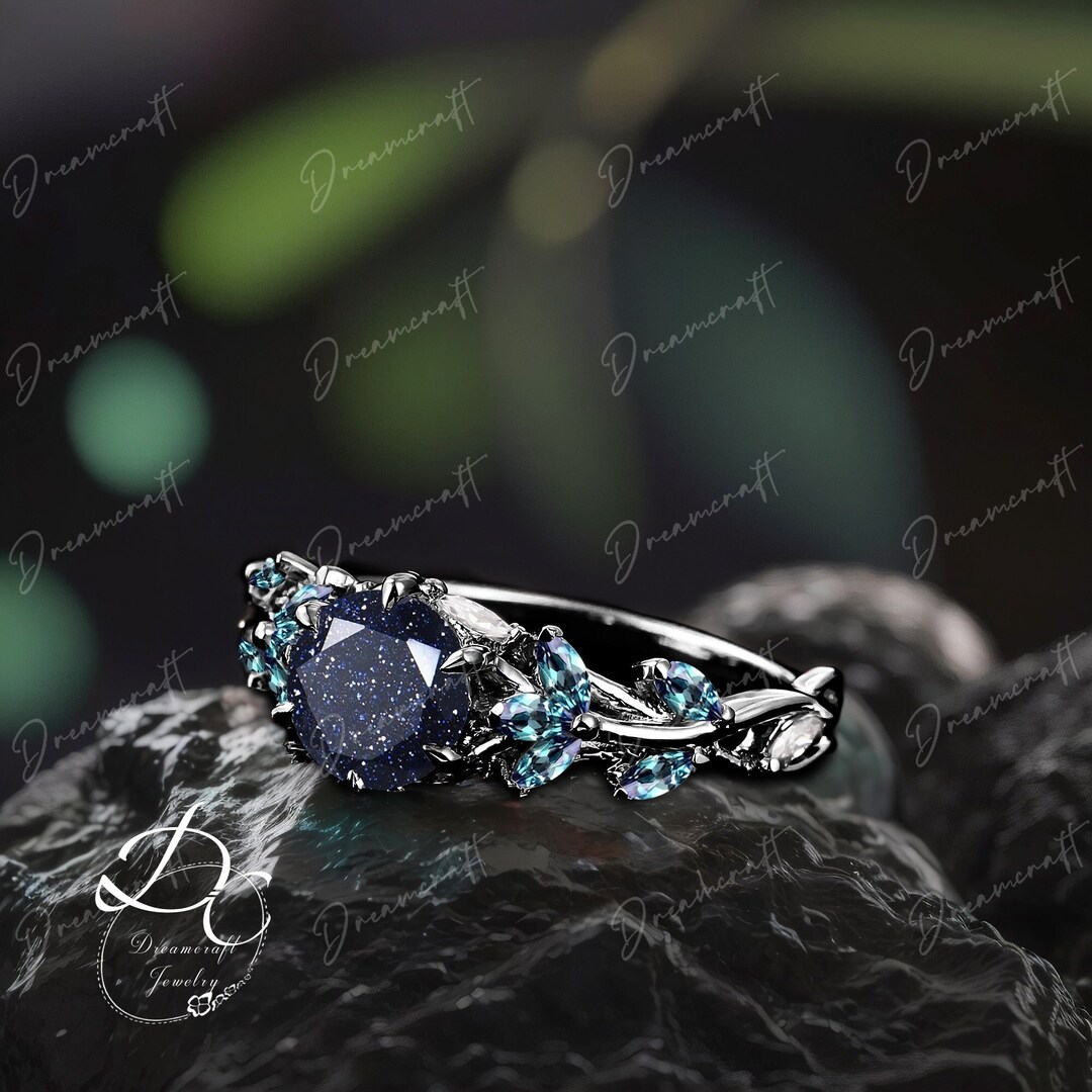 Gothic Black Gold Round Cut Blue Sandstone Engagement Ring Bridal Ring ...