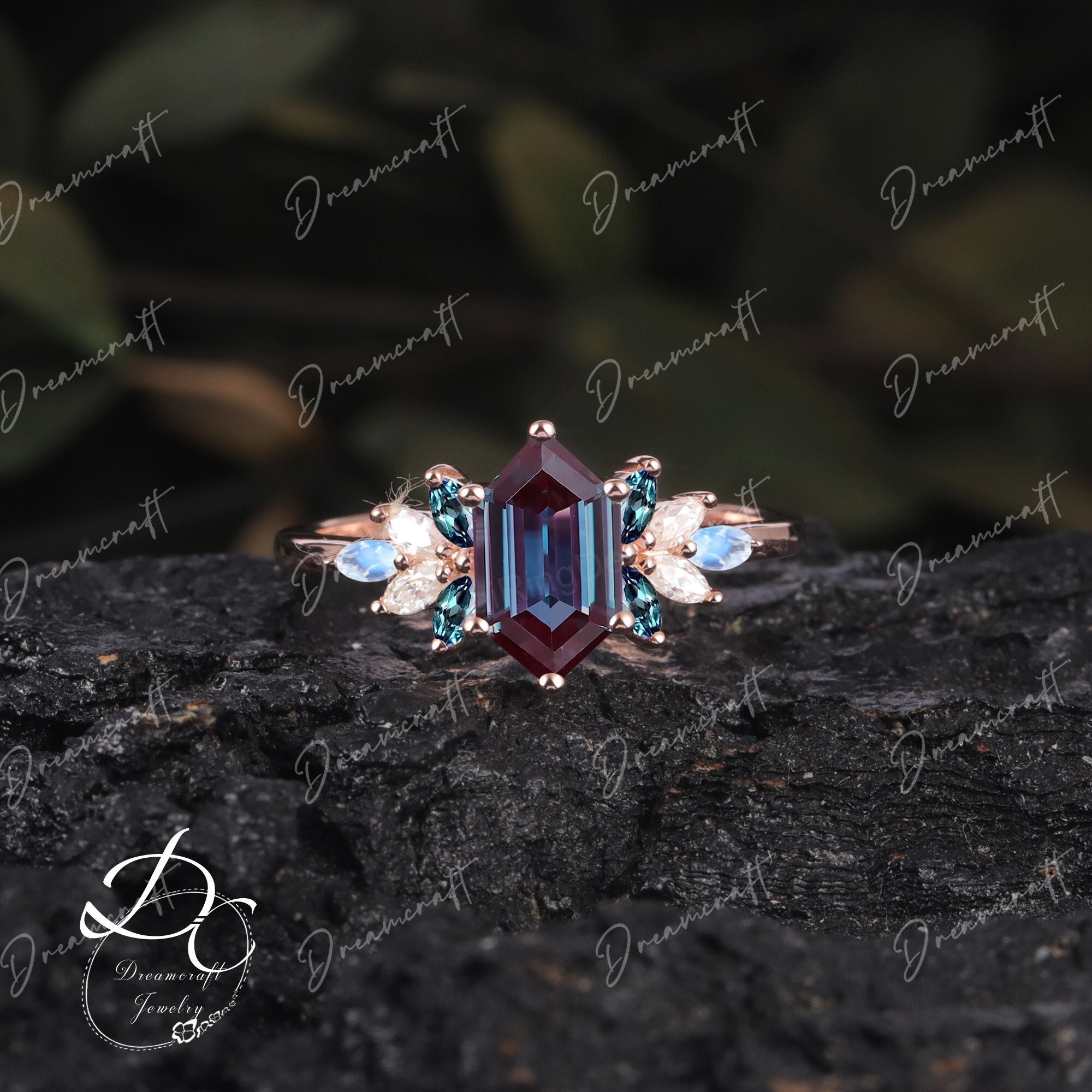 Long Hexagon Cut Alexandrite Engagement Ring Vintage Gemstone Ring ...
