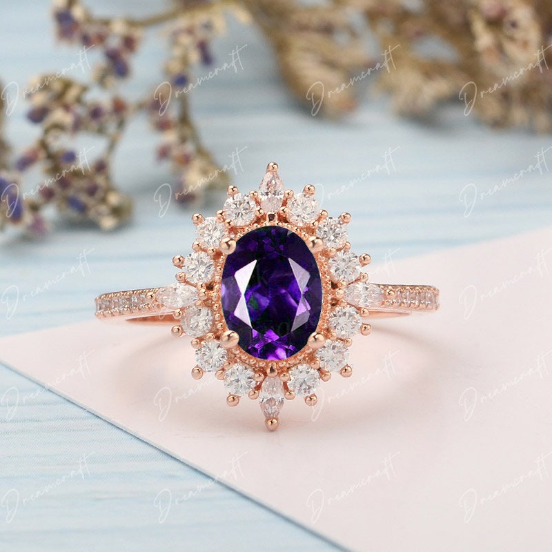 Amethyst Engagement Ring Vintage Oval Cut Engagement Ring 14K | Etsy